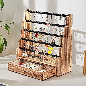 Earring Organizer, 5 Layer Earring Holder Organizer with Metal Necklace Holder Pole, Rustic Wood Jewelry Organizer Stand Display for Stud Earring Bracelet Necklace Ring, 175 Earring Holes (Brown)