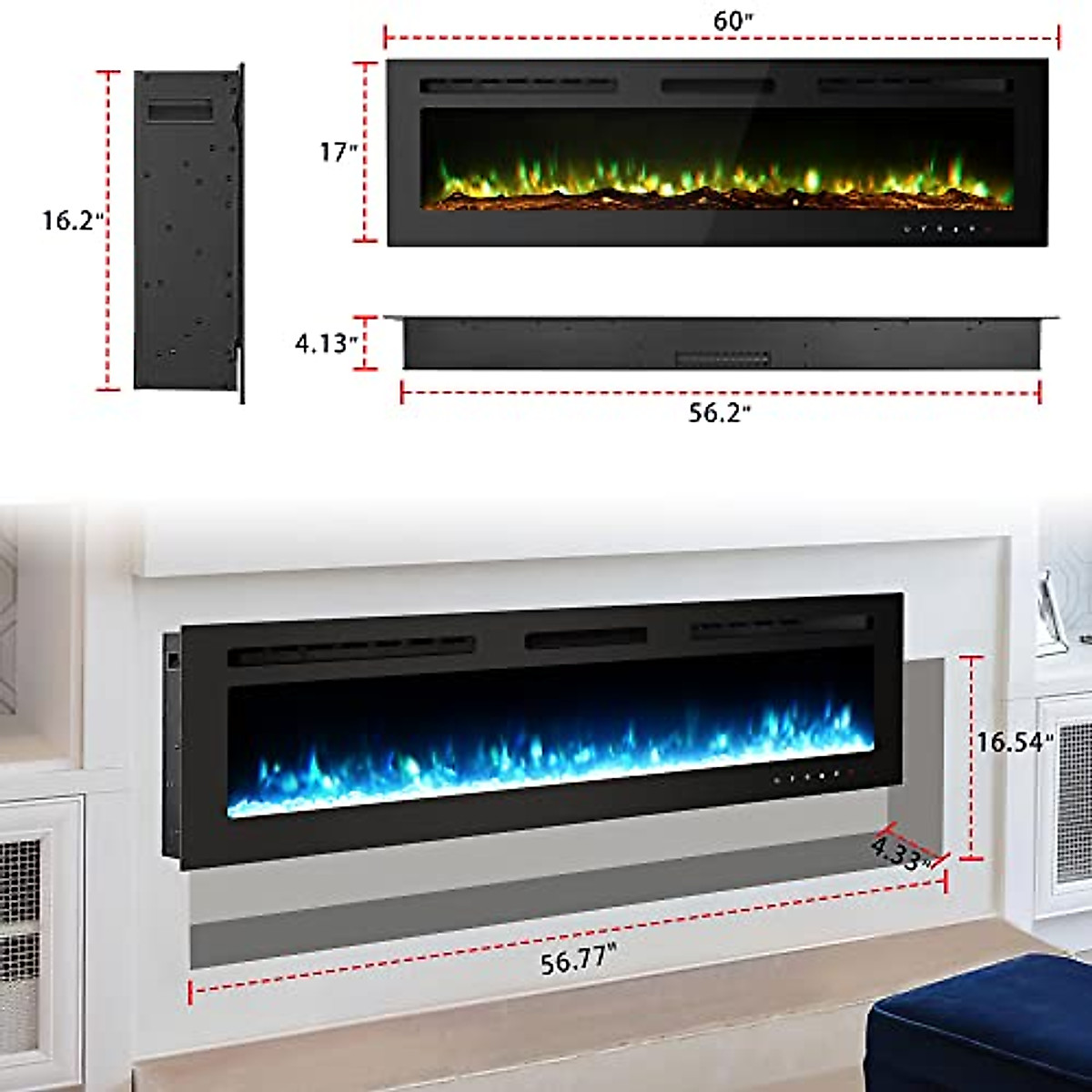 60 Inch Electric Fireplace Insert, Wall-Mounted, Remote Control, Linear Design, 750/1500W.
