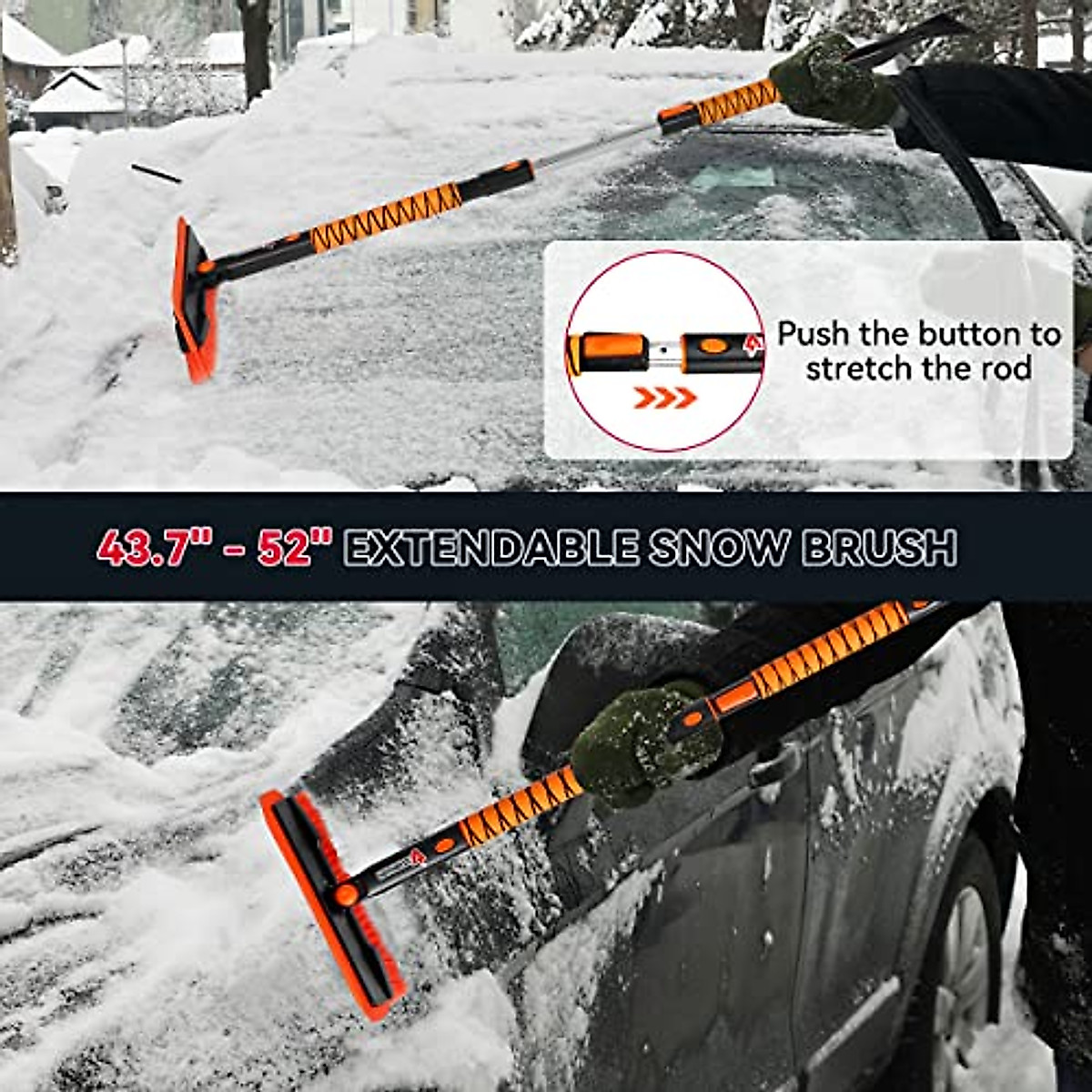 Andeman 52" Extendable Snow Brush and Ice Scraper Car Windshield, Foam Grip, 180° Pivoting Brush Head, Ice and Snow Remover for Cars Trucks RV SUV, House Window and Roof