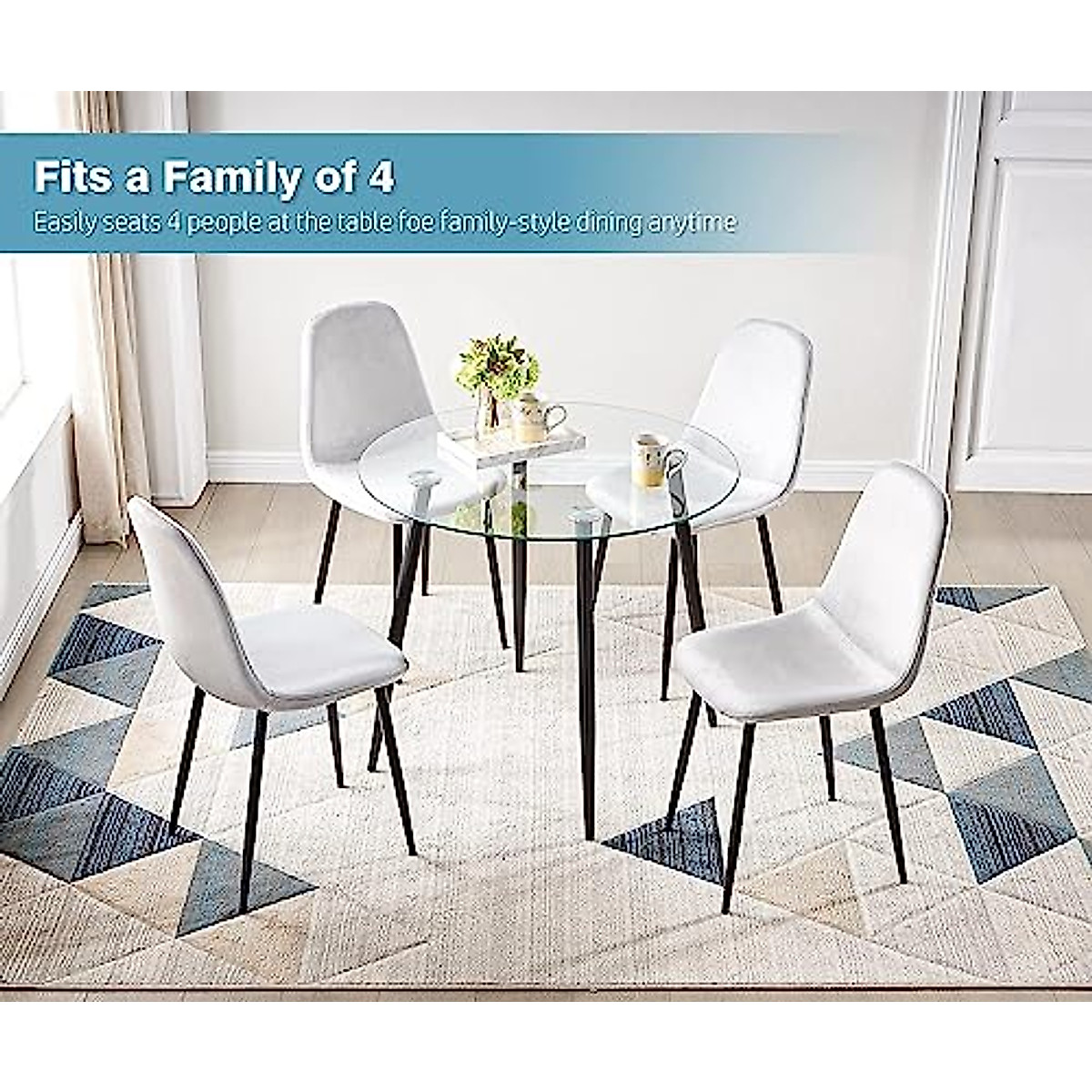 STYLIFING Dining Table Set for 4 Modern 5 Pieces Dining Room Set Mid Century Round Tempered Glass Kitchen Table and 4 Light Grey Modern Velvet Fabric Upholstered Kitchen Chair with Metal Legs