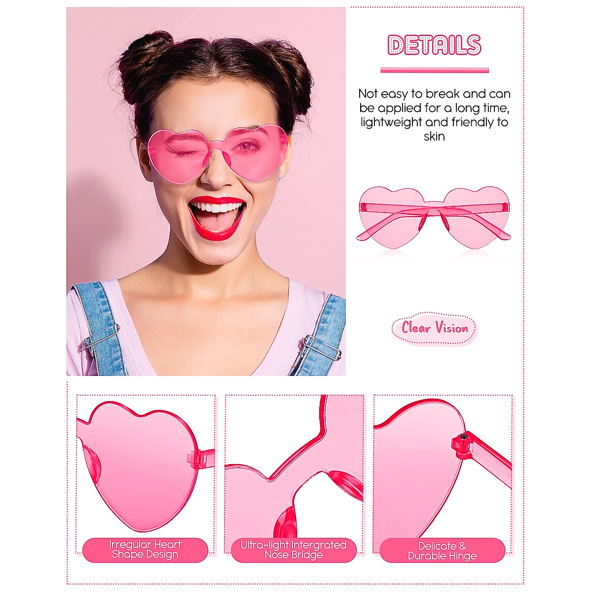 Colzzy 16 Pair Heart Shaped Sunglasses Candy Color Glasses Frameless Sunglasses for Party Women(Pink)