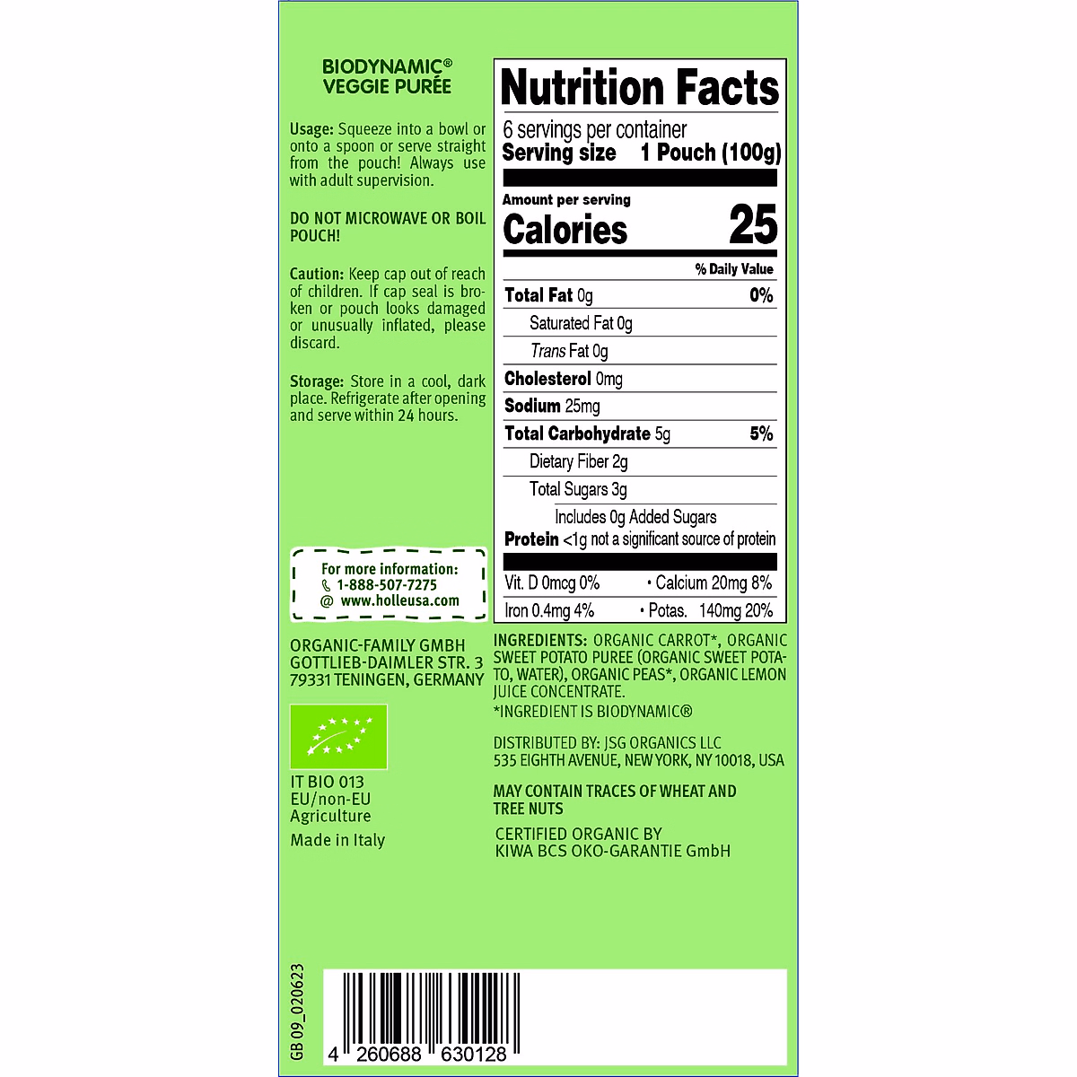 Holle Organic Baby Food Pouches - Veggie Bunny Baby Puree with Carrots, Peas and Sweet Potato - (6 Pack) Organic Baby Snacks + Fruit and Veggie Pouches for Weaning Babies 6 Months and Older