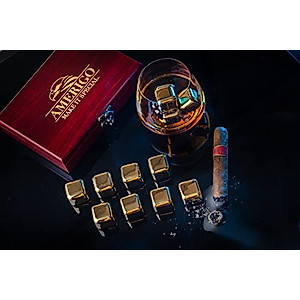 𝗕𝗘𝗦𝗧 𝗚𝗜𝗙𝗧: Amerigo Gold Stainless Steel Whiskey Stones Gift Set in Beautiful Wooden Box - Reusable Ice Cubes for Drinks - Bar Accessories - Whisky Gifts for Men - Chilling Rocks + Ice Tongs