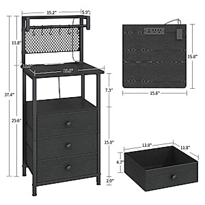 DALEMHOME Tall Nightstand with Charging Station and LED Lights, Night Stand with 3 Drawers and Storage Shelves, Bedside Table for Bedroom, Office, Black HKET2301BK