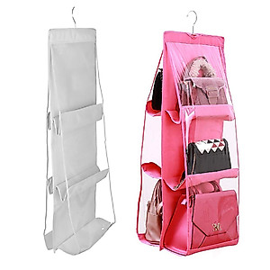 Luck Dawn Hanging Handbag Purse Organizer - Transparent Dust-Proof Wardrobe Closet Storage Bag for Clutch with 6 Larger Pockets (Pink)