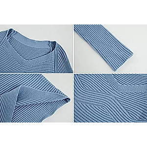 Women V Neck Sexy Crop Sweater Pullover Long Sleeve Ribbed Knit Fitted Slim Casual Tops Blue