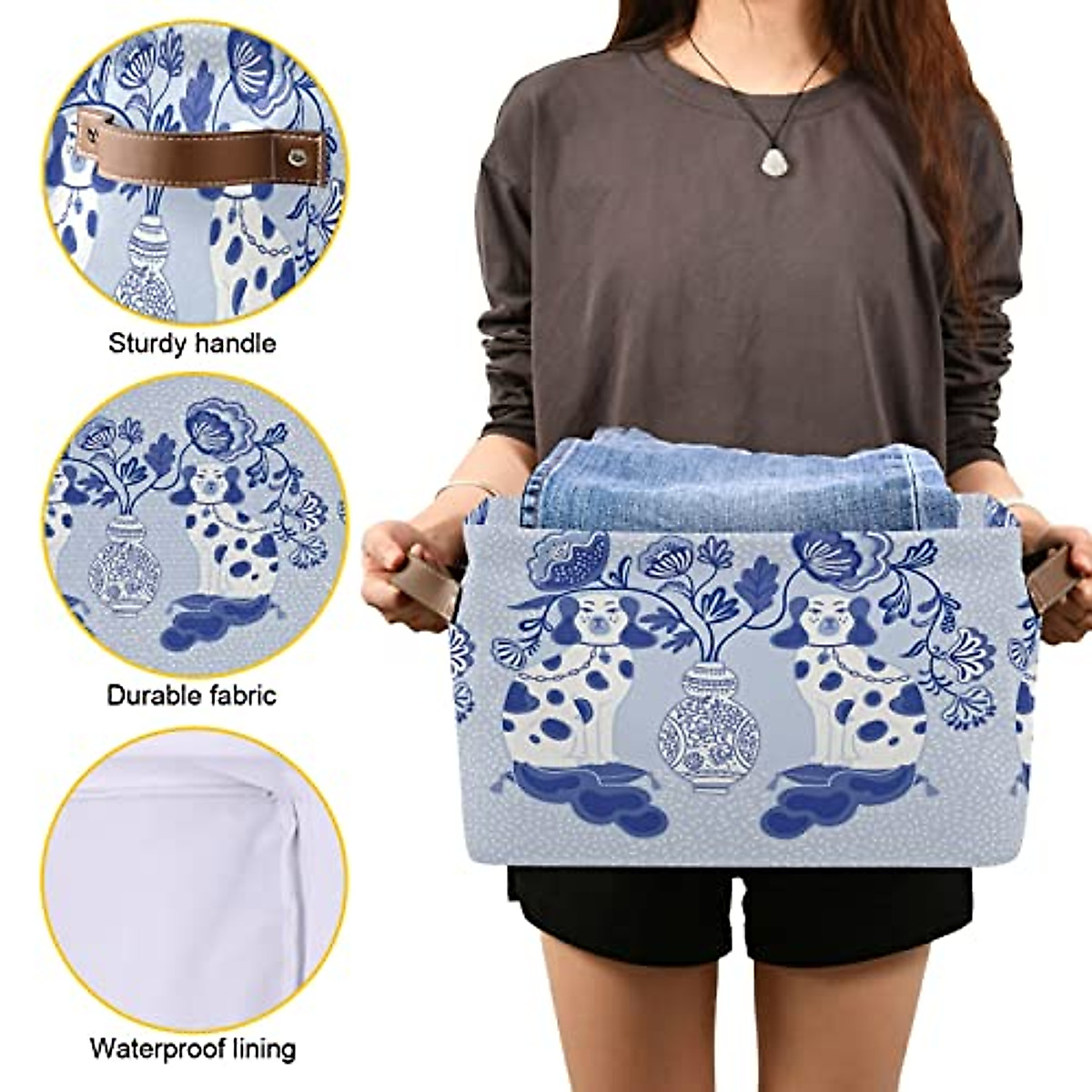 JUAMA Staffordshire Dogs in Chinoiserie Style Blue and White Porcelain Large Foldable Open Storage Bins With Handles Rectangular Baskets Cube for Closet Office Nursery Toys Bedroom Home Organizer 2 Pa