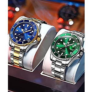 Men Automatic Wirst Watches Self Winding Silver And Green Automatic Watches for Men Mechanical Waterproof Big Face Stainless Steel Date No Battery Watches Man Luminous Submariner Wristwatch Gift