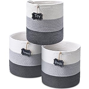 IPOW 3 Pack 11” x 11” x 11”Cotton Rope Storage Baskets, Woven Organizer Organization Bins, Decorative Collapsible Cube with 3 Tags for Shelves, Baby Nursery Laundry, Toys, Towels, Blankets