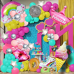 137PCS Pink Teal Balloon Garland Arch Kit with Hot Pink Silver Disco Roller Skate Balloon for Priness Theme Birthday Party Girl Summer by Beach Pool party decorations