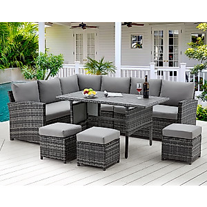 AECOJOY Patio Furniture Set, 7 Pieces Outdoor Patio Furniture with Dining Table&Chair, All Weather Wicker Conversation Set with Ottoman,Grey