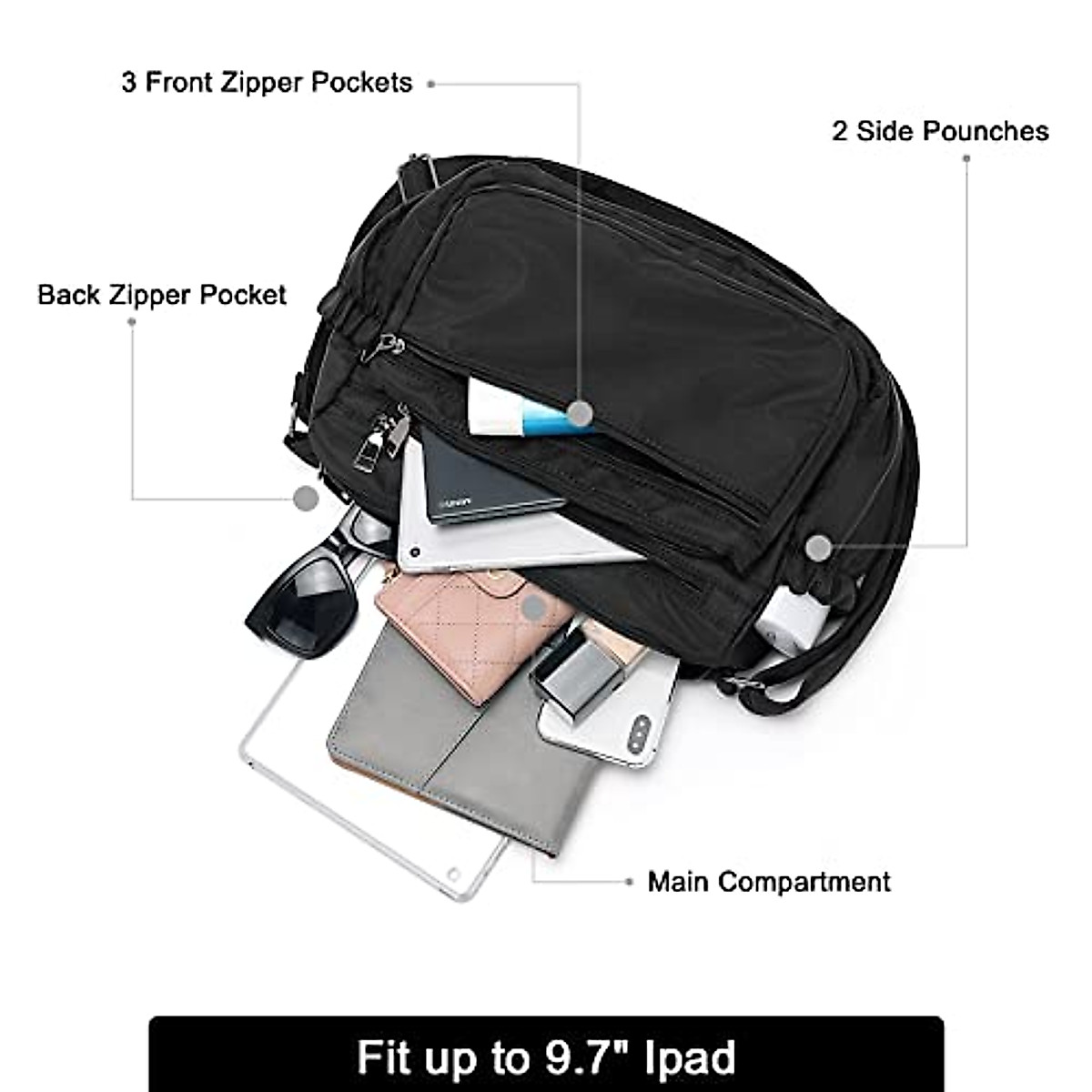 CLUCI Women Nylon Shoulder Travel Handbag Multiple Pockets Bag Ladies Crossbody Purse Tote Top Handle Satchel Black