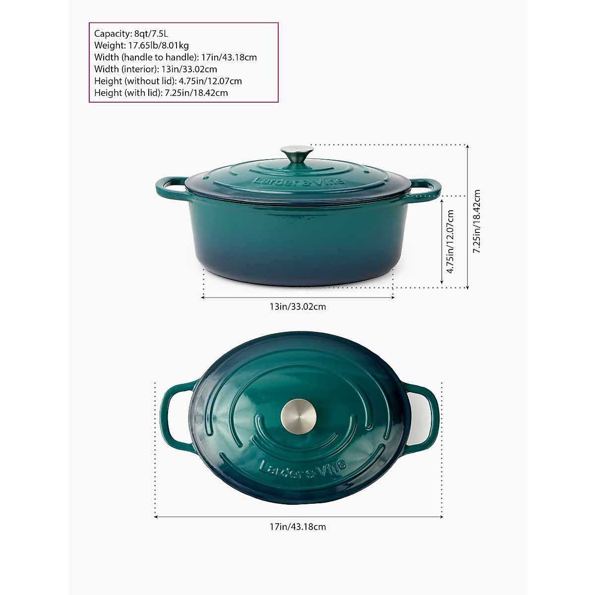 Larder & Vine Enameled Cast Iron Dutch Oven with Lid - Oversized Handles, Dome Lid, Dutch Oven for Sourdough Bread Making, 8QT/7.5L - (Bondi)