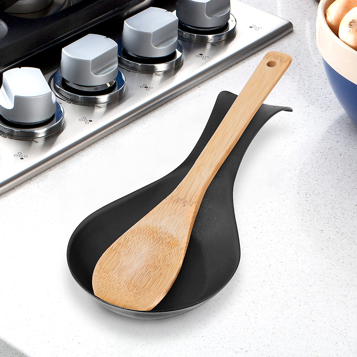 OGGI Stainless Steel Spoon Rest- Long Handle Holds Kitchen Utensils in Place, Great Spoon Rest for Kitchen Counter, Stove Top, or Coffee Station; Kitchen Accessories, Utensil Rest, Black
