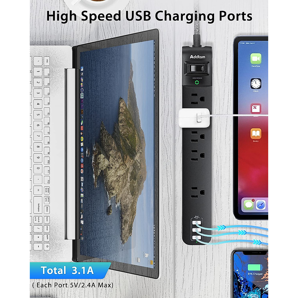 10 Ft Power Strip Surge Protector- 5 Outlets 3 USB Ports, Flat Plug Braided Extension Cord, Overload Surge Protection, Wall Mount for Hotel, Home and Office.