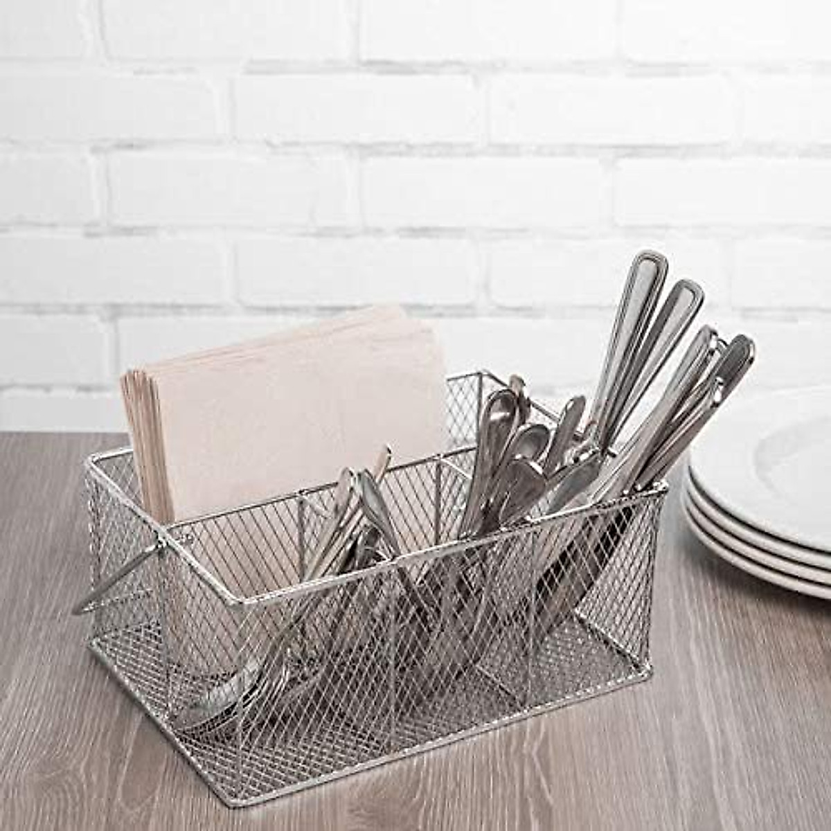 G.E.T. Enterprises Stainless Steel 9.375" x 6.875 Mesh Wire Flatware Basket, 4.5" Deep Iron Chrome Plated Condiments Collection WB-700 (Pack of 1)