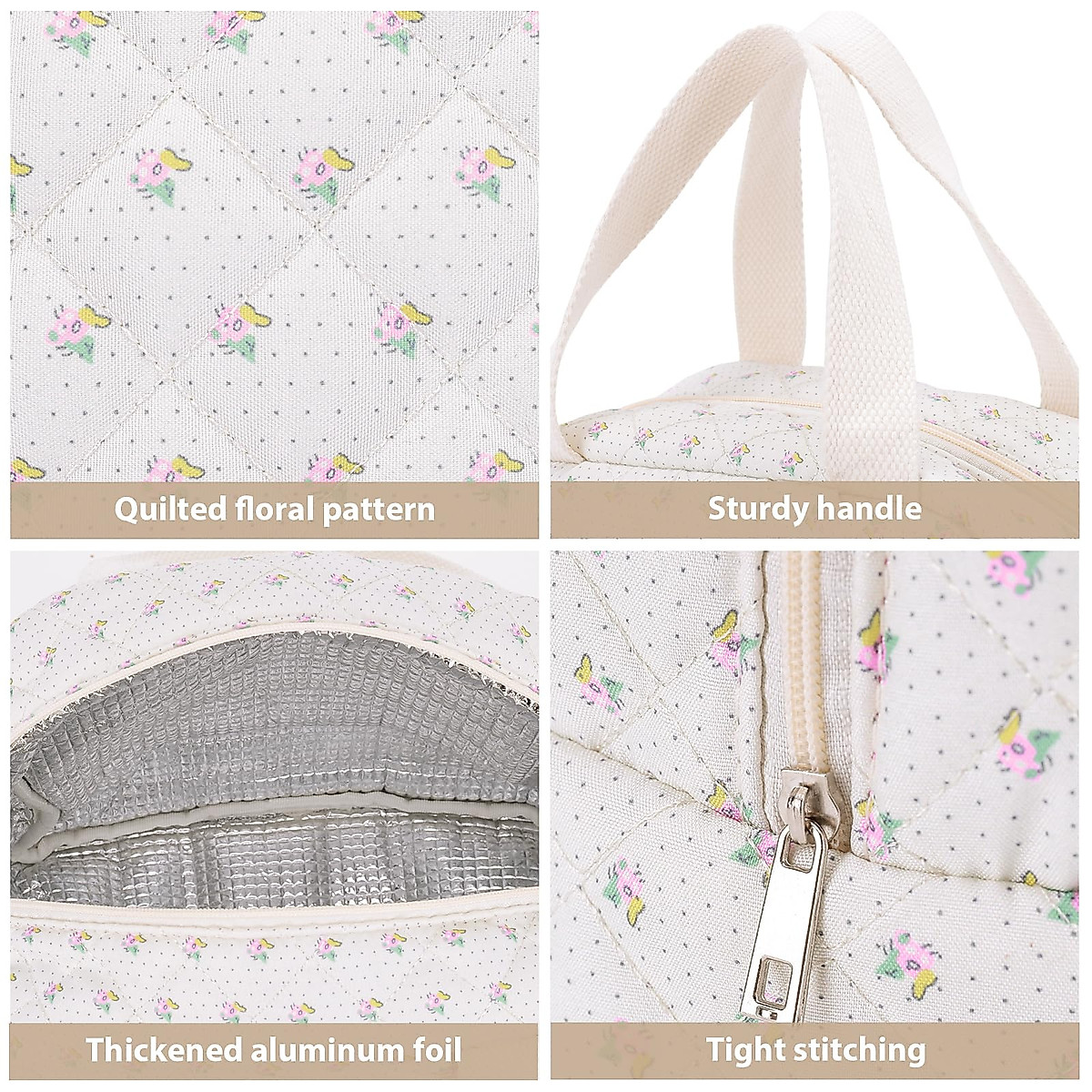 BBIQI Cute Lunch Box for Women Small Floral Lunch Box Quilted Lunch Tote Bag With Front Pocket Insulated Lunch Bag for Work Study