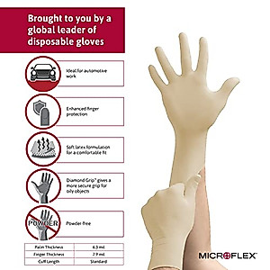 MICROFLEX Diamond Grip MF-300 Disposable Latex Gloves for Automotive, Healthcare, Machinery Industries - Large, Natural (Box of 100)