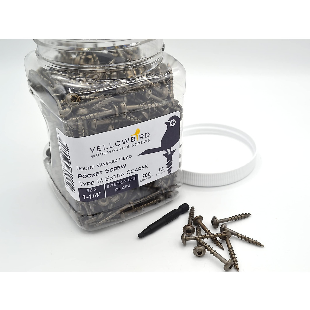 Yellowbird #8 x 1-1/4 Round Washer Head - Square Plain Lube - Extra Coarse Thread - Type 17 Pocket Screw - Bit Included - 700 Ct.