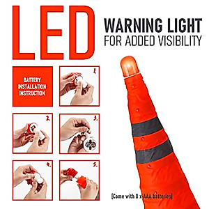 Cartman 4 Pack 28 Inch Collapsible Traffic Cones with LED Light, Multi Purpose Pop up Reflective Safety Cones, Pack of 4, Battery Included