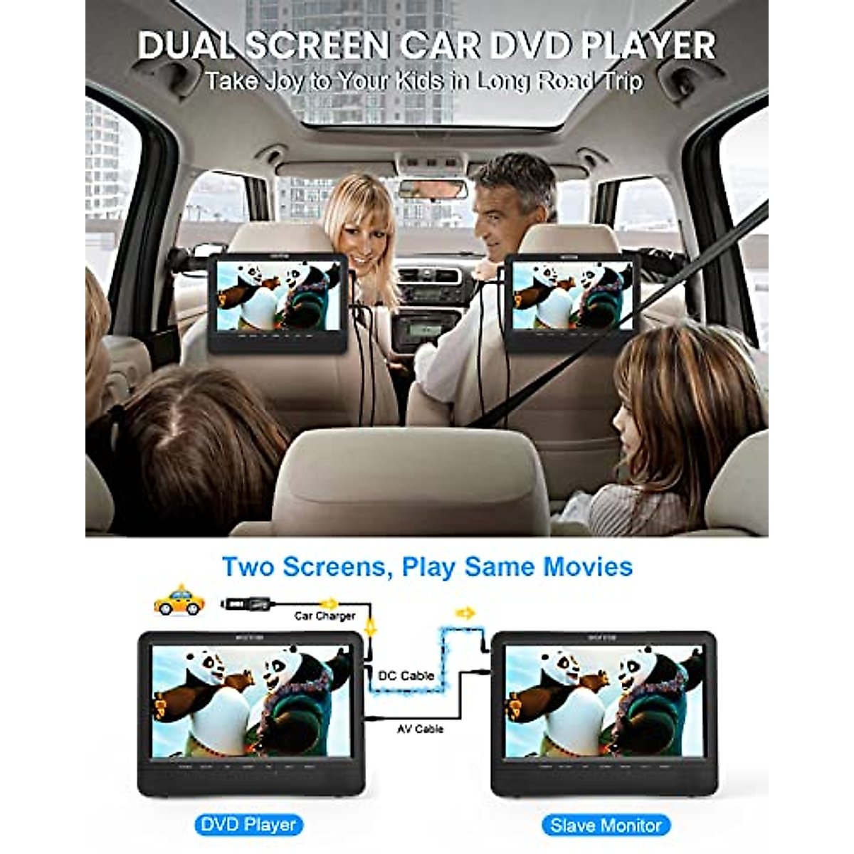 WONNIE 10.5'' Car Dual DVD Player, Headrest Video Players Portable with 5 Hours Rechargeable Battery,Two Mounting Brackets,Support USB/SD/Sync TV,Last Memory,AV Out &in ( 1 Player+1 Monitor )