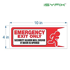 iSYFIX Emergency Exit Only Stickers – 3 Pack 10x4 Inch – Premium Self-Adhesive Vinyl, Laminated UV, Weather, Scratch, Water & Fade Resistance, Security Alarm Will Sound if Door is Opened Sign