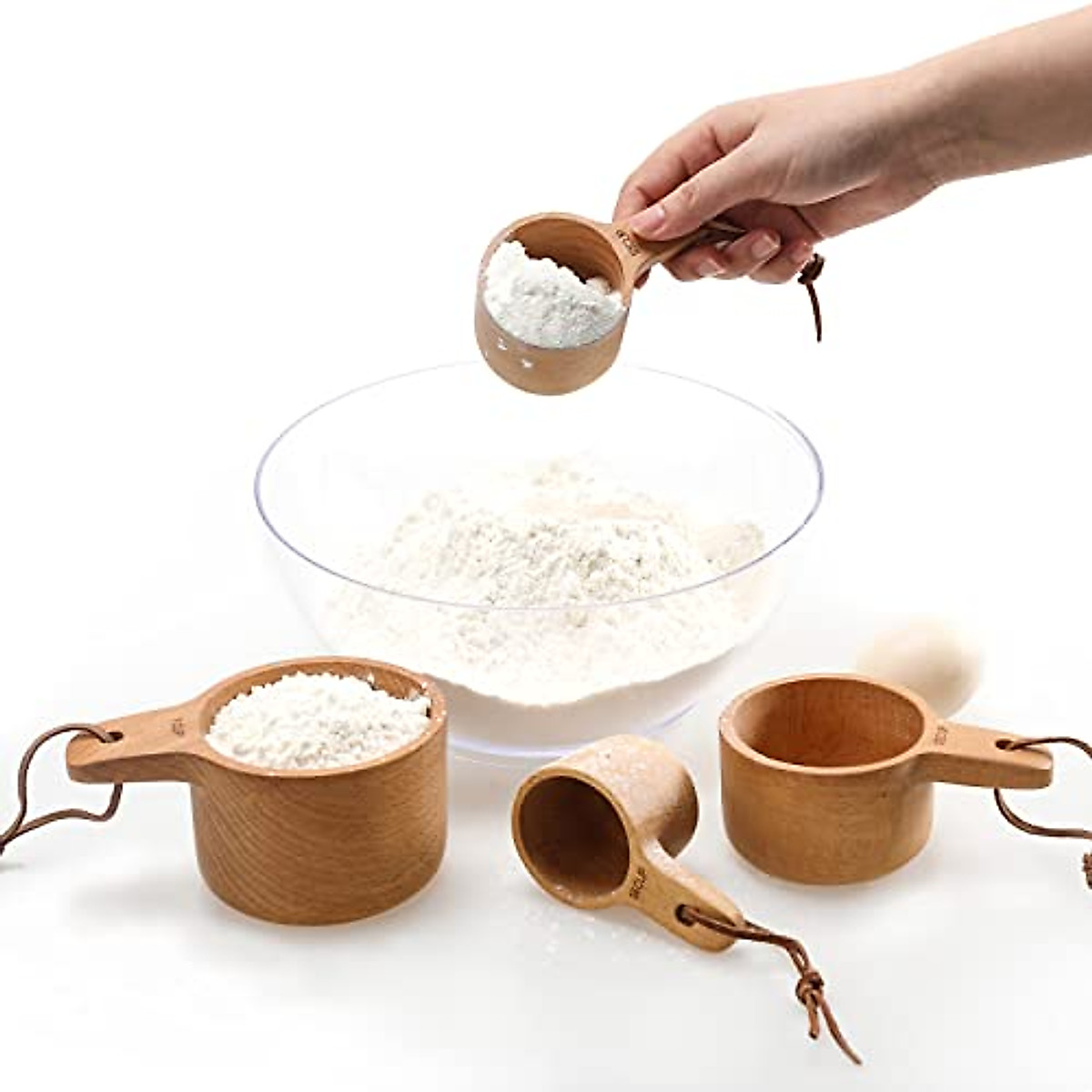 Wood Measuring Cups and Spoons Set of 8, Handcrafted with Wood Polish Finish - Natural Wooden Measuring Cups Measuring Spoons for Measuring Dry Ingredients for Baking Cooking, Kitchen accessories Gift