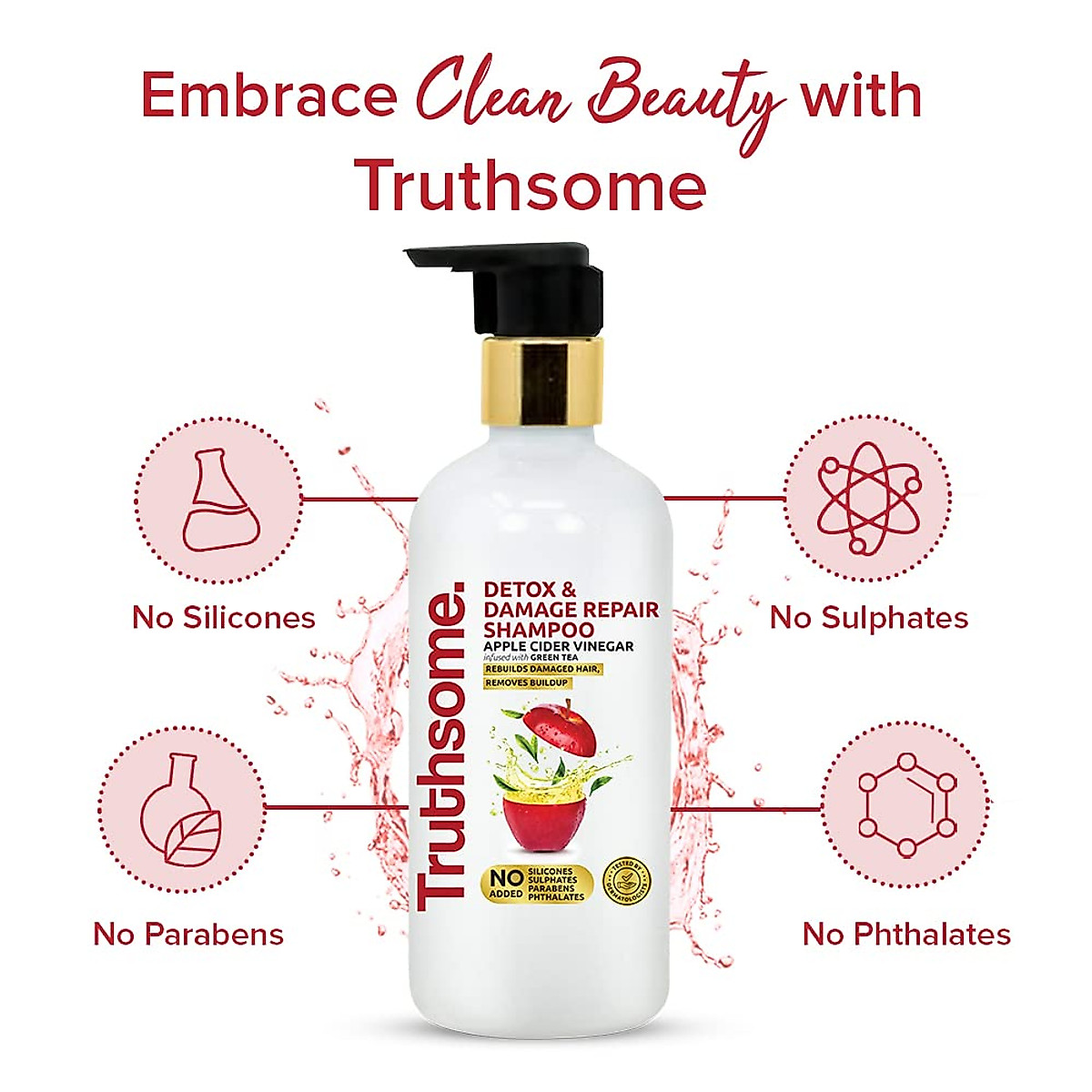 TRUTHSOME Detox & Damage Repair Shampoo with Apple Cider Vinegar & Green Tea, No Silicones, Sulphates, Parabens, Phthalates 300 ml