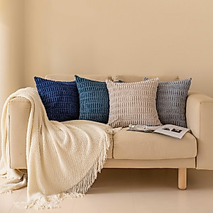 Softalker Throw Pillow Covers 18x18 Inch, Set of 4, Corduroy Soft Striped Farmhouse Boho Pillow Cover, Modern Decorative Cushion Pillow Case for Couch Sofa Bedroom Living Room, Grey/Blue