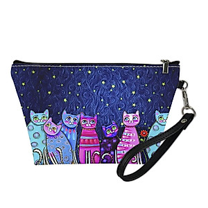Poceacles Colorful Cats Print Small Makeup Bag for Purse for Women Cute Cosmetic Bag Large Capacity PU Leather Makeup Bags Travel Toiletry Bag Organizer Pouch with Wrist Strap