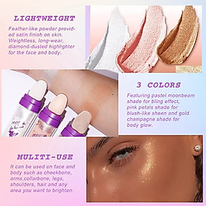 3 Colors Polvo De Hadas Highlighter Powder Stick Set, Trio Shimmer Glitter Patting Highlight Puff, Glow Luminizer Sparkle Fairy Highlighters for Brighten Face Body Lips Makeup Kit
