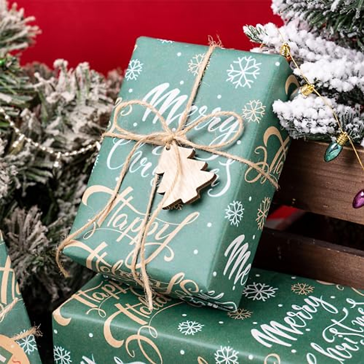 RUSPEPA Kraft Christmas Wrapping Paper Roll - Mini Roll - Green White Gold Greeting Design for Holiday Gift Wrap - 17 Inches X 32.8 Feet