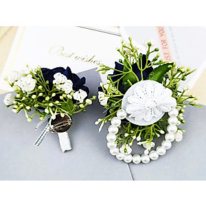 MAFELOE 2Pcs of Wrist Corsage and Boutonniere Set, Artificial Flowers Accessories Suit Decor for Wedding Prom Party Homecoming Ceremony Anniversary - Navy Blue