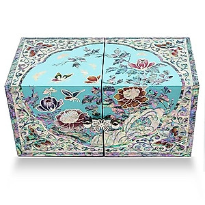 SoSHESHINES Mother of Pearl Small Jewelry Box - Premium Packaging for Gifts for Women, Thank you Gifts, Mom birthday Gifts, Korean Traditional Sea Shell Premium Handmade (SECRET_Aqua Blue)