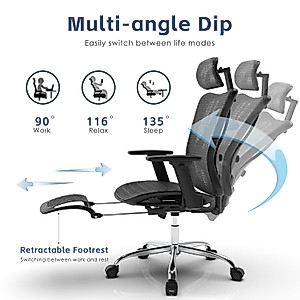 DFLIVE Ergonomic Office Chair, SGS Certified Gas Cylinder, 400 LBS Capacity, Retractable Footrest, Office Chair with Adjustable Lumbar Support, Gaming Chair, Mesh Office Chair