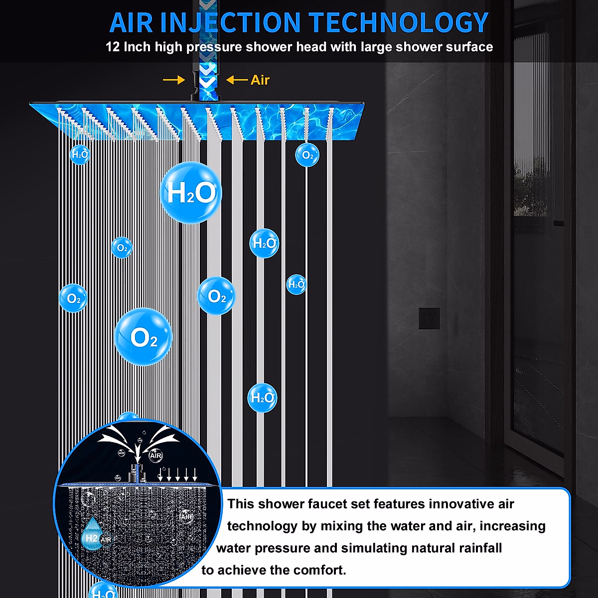 Woindo Shower Faucet Set, 12" Ceiling Mount Rainfall Shower System with 2 Rain Shower Head and Multi-function Handheld Head Push Button Diverter Shower Faucet Trim Kits, Matte Black