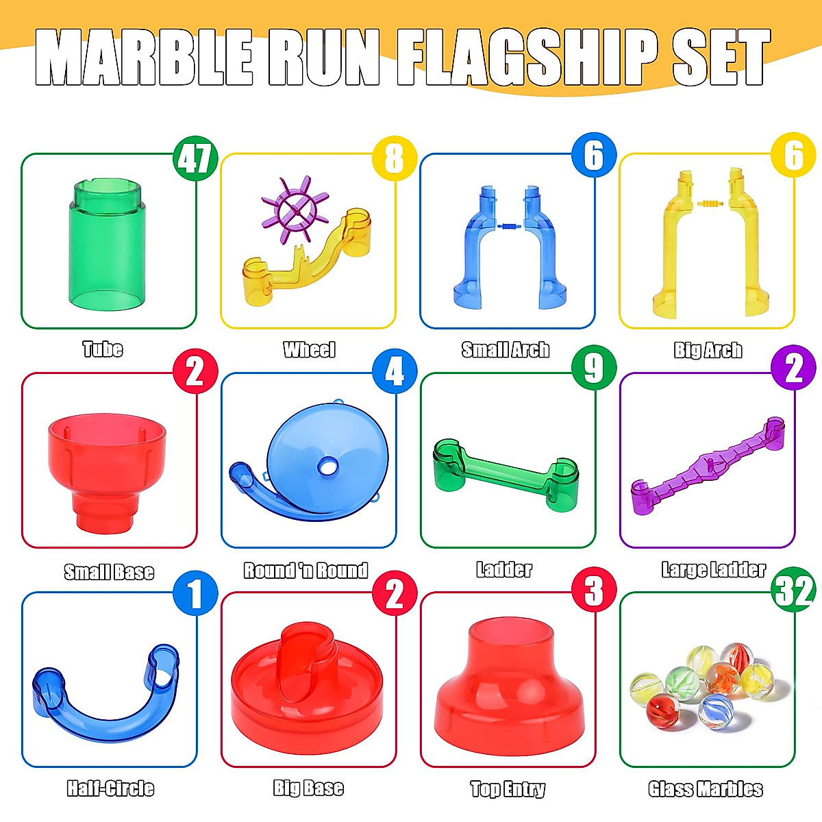 Gifts2U Marble Run Sets Kids, 122 PCS Marble Race Track Game 90 Translucent Marbulous Pieces + 32 Glass Marbles, STEM Marble Maze Building Blocks Kids 4+ Year Old