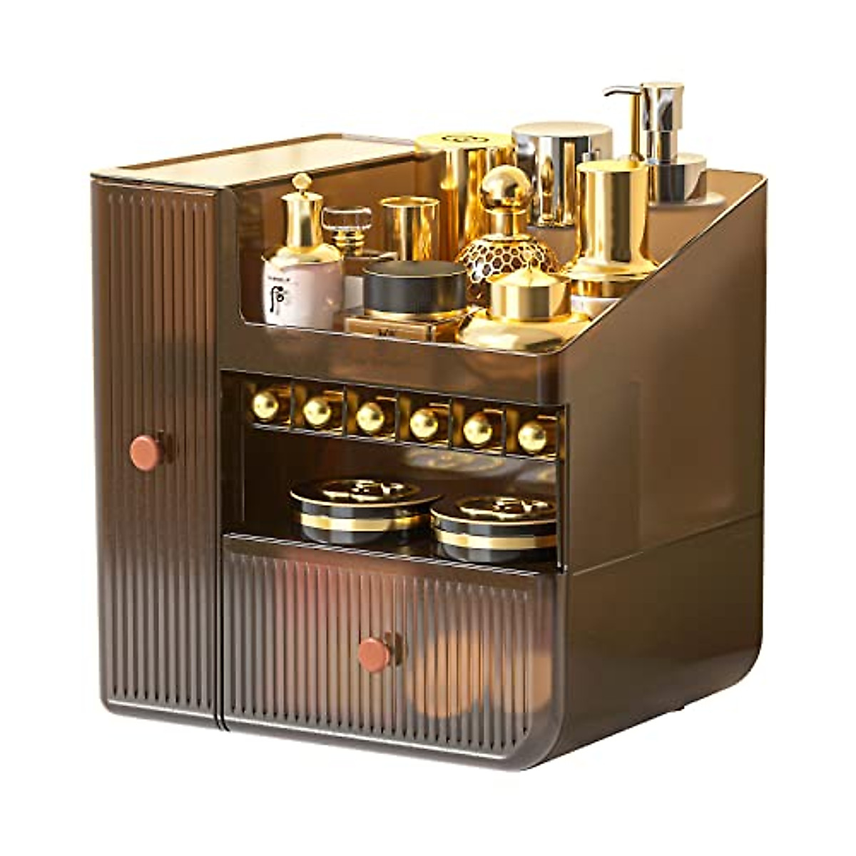 HAIXIN Makeup Organizer for Vanity, Cosmetic Storage Organizer with Brush Holder, Cosmetics Display Case with Drawer for Cosmetics, Lipsticks, Nail Care, Skincare Bedroom Bathroom Countertop