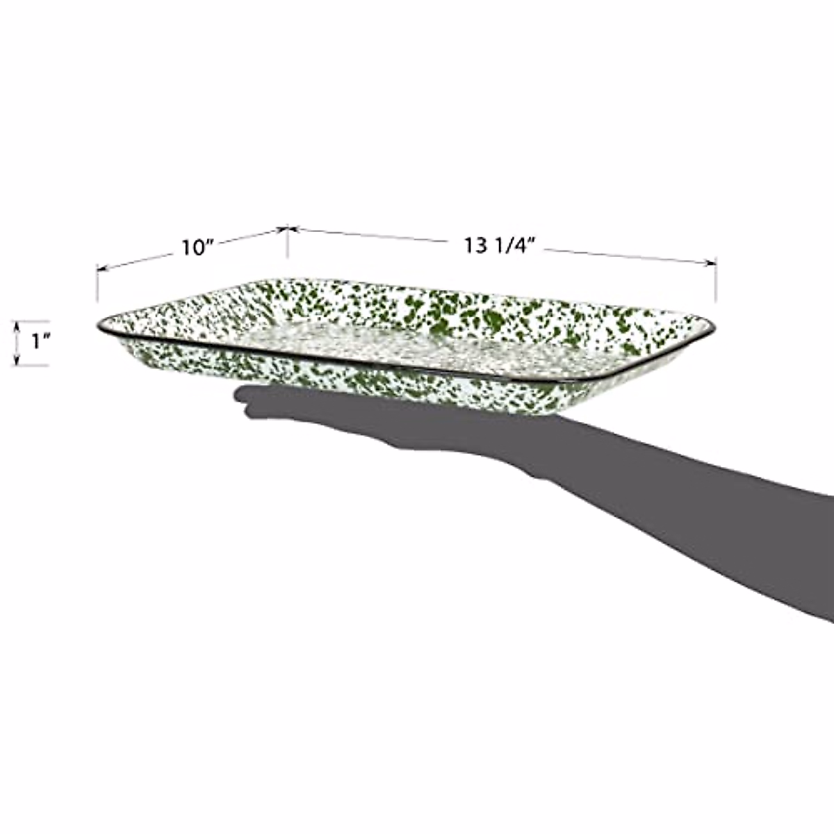 Red Co. 13.5” x 10” Enamelware Metal Classic 1.6-Quart Rectangular Serving Tray, Dark Green Marble/Black Rim – Splatter Design