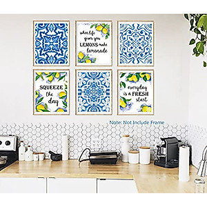 XUOIAYNB Blue Flower Pattern Lemon Art Print-- Mexican Tile Lemon Fruit with Inspirational Quote Canvas Wall Art--(8”X10”X6 pcs, Unframed)--Perfect for Kitchen Bedroom Decoration