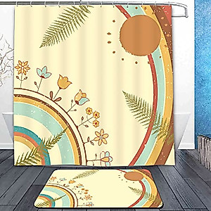 Mitterm Boho Bathroom Rugs Sets 2 Piece with Fabric Shower Curtain Bathroom Decor Sets Non Slip Diatomaceous Earth Bath mats for Bathroom Extra Absorbent Fast Water Drying for Boys,Girls(Beige/Cream)