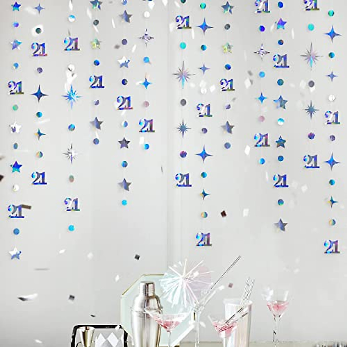 Iridescent Number 21 Circle Dot Twinkle Star Garland Metallic Holographic Hanging Streamer Bunting Banner Backdrop Decoration Girls 21st Birthday Finally Legal Twenty One Anniversary Party Supplies