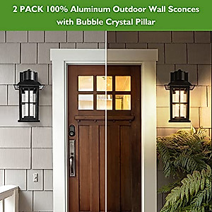 2-Pack LED Outdoor Wall Sconce Black Modern Porch Light with Crystal Bubble Glass, Exterior Waterproof Wall Mounted Light Fixtures, 10W 3000K 100% Aluminum Wall Lights for Garage Doorway Patio Balcony