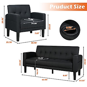 AILEEKISS 2 Piece Living Room Sofa Set Loveseat Sofas Sets with 2 USB, Cup Holders, Side Pocket, Modern Leather 2 Pcs Sectional Couches Set for Apartment, Office, Bedroom (Black, 2-Seat+1-Seat)