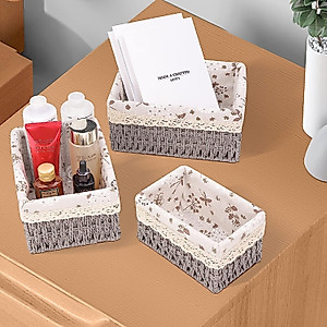 Recycled Wicker Storage Basket, Small Wicker Baskets, Handwoven Baskets for Storage, Paper Rope Storage Baskets for Organizing Container Bins for Shelves Cupboards Drawer, Small Woven Basket Set of 3
