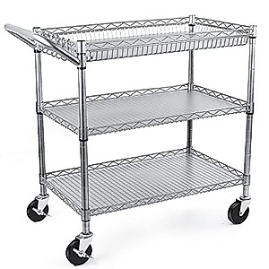 WDT Heavy Duty 3 Tier Rolling Utility Cart, Kitchen Cart on Wheels Metal Serving Cart Commercial Grade with Wire Shelving Liners and Handle Bar for Kitchen Office Hardware