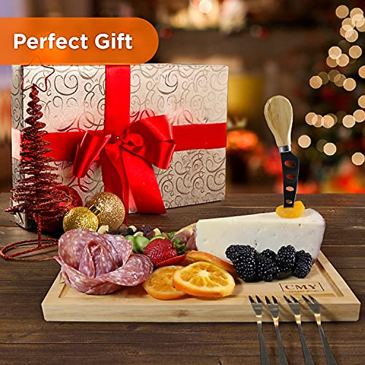 CMY COLLECTIONS Charcuterie Board, Cheese Server, Bamboo Cheese Board and Knife Set, Cheese Plate, Cheese Platter, Serving Tray - Reversible 2-in-1.