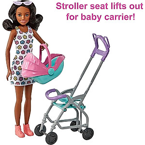 Barbie Skipper Babysitters Inc Playset with Brunette Doll, Stroller, Baby Doll & 5 Accessories, Remove Stroller Seat for Carrier