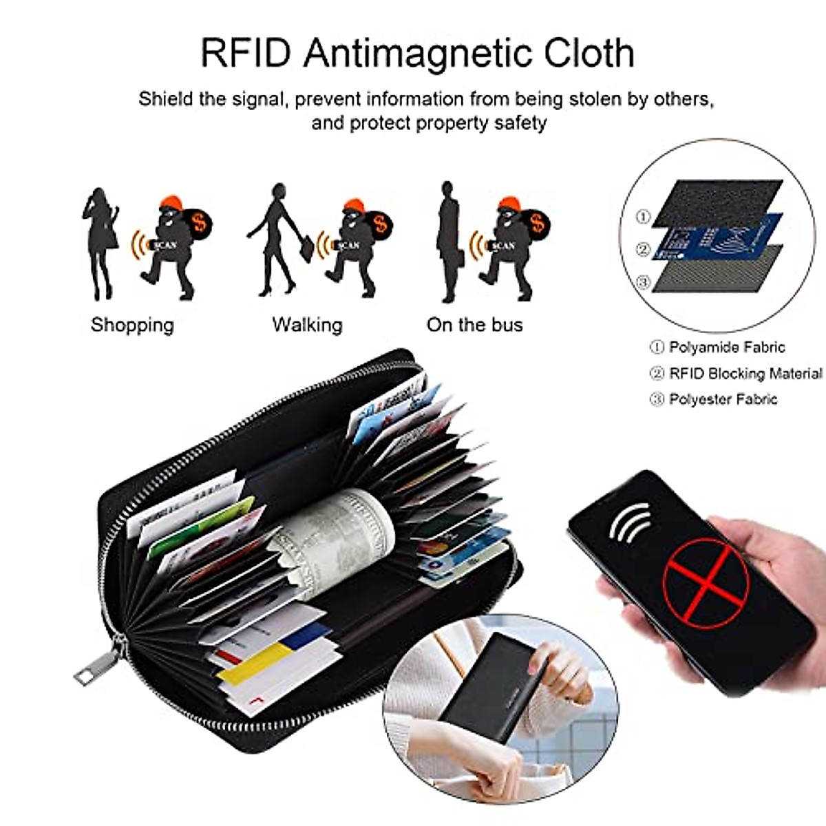 Geestock Large Capacity Credit Card Wallet, 24 Slots RFID Blocking Leather Card Holder Wallets, Zipper Organizer Accordion Wallet for Women Men, Black