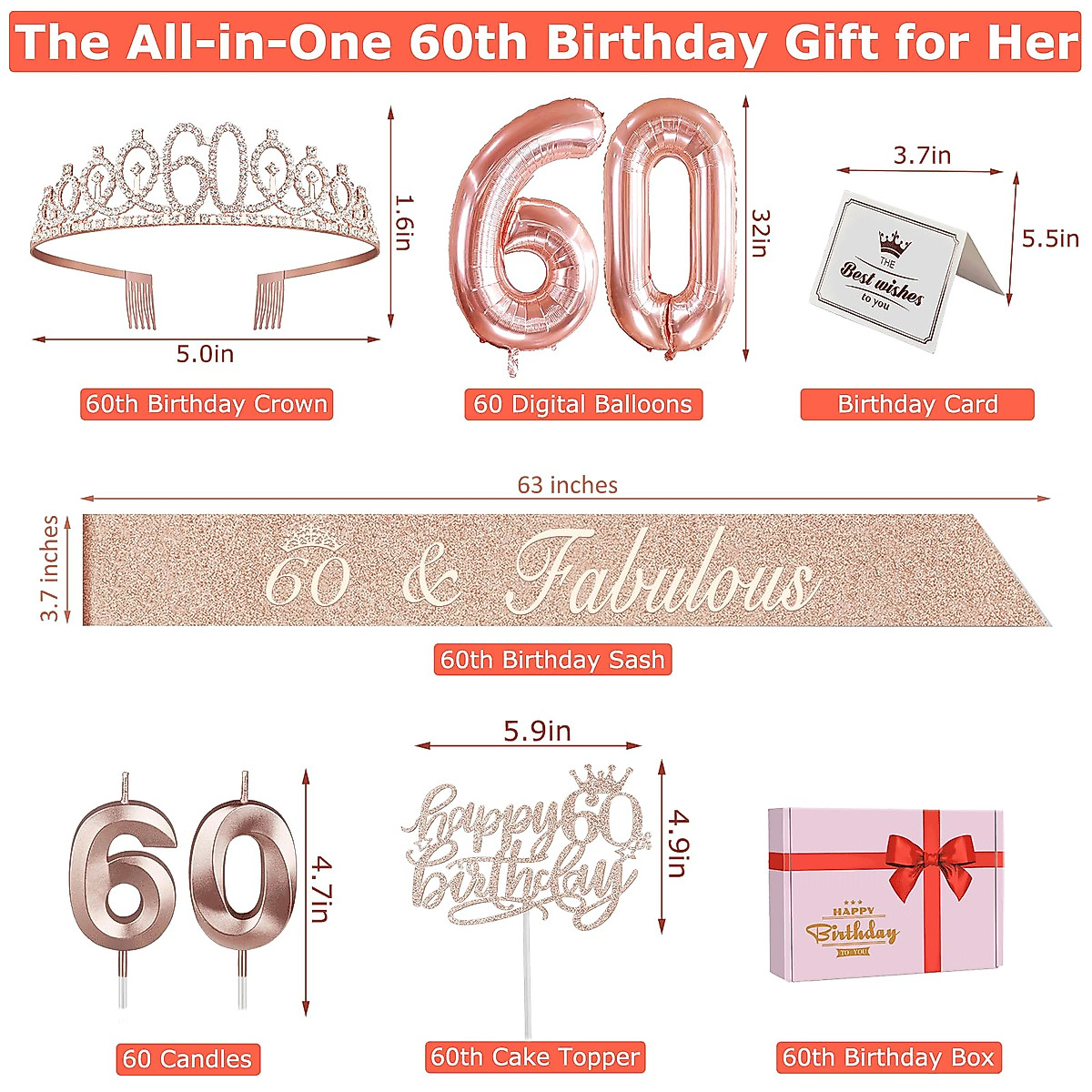 60th Birthday Decorations for Women, Include 60th Birthday Sash and Tiara, Cake Topper and Candles, Number Balloons, 60 Year Old Gifts Women